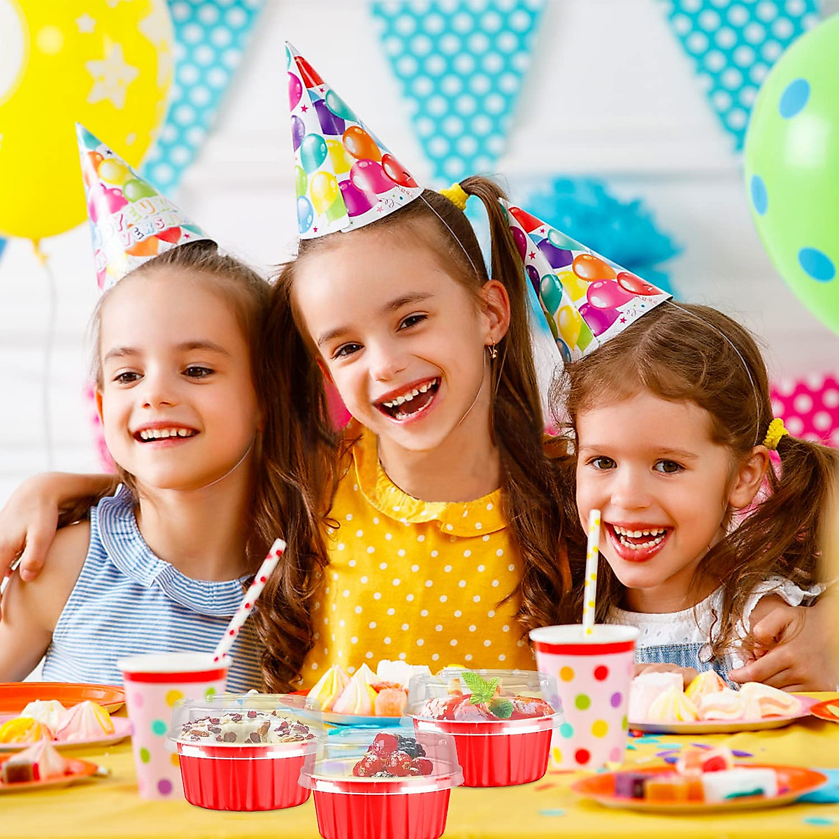 50 Pack Baking Cups with Lids, Aluminum Foil Cupcake Cups Muffin Liners, Disposable Foil Ramekins, Cupcake Holders Dessert Containers Mini Pudding Cups for Birthday, Christmas, Parties, Weddings (Red)