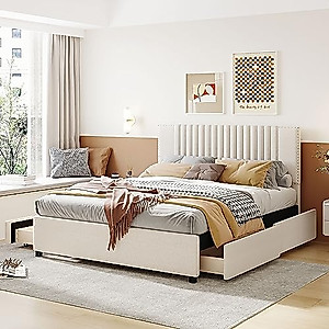 Upholstered Queen Size Platform Bed Frame with 4 Storage Drawers, Linen Fabric Upholstered Platform Bed Frame with Strong Wooden Slats Support/Classic Headboard/No Box Spring Needed (Beige, Queen)