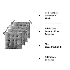 ELFJOY 4 Pack Chair Cushions for Dining Chairs Chair Pads Cushion for Kitchen Office Tufted Square Seat Cushion with Ties (16" Grey Velvet)