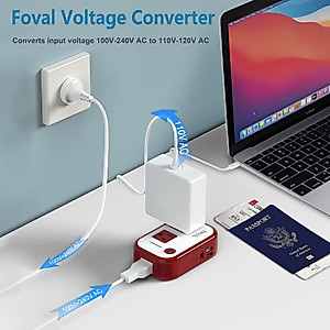 Travel Voltage Converter 220V to 110V-FOVAL Step Down Power Converter International Travel Adapter with USB-C Port 18W-[Outlet Converter US to Europe, Italy, UK, AU, Use for USA Appliance in Overseas]