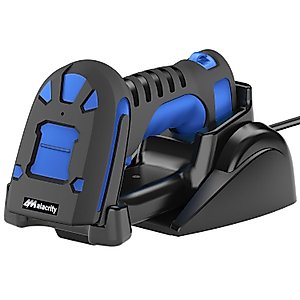 Alacrity Long Distance 1D 2D Industrial Barcode Scanner, Wireless Charging Cradle, 433Mhz Wireless & Bluetooth Barcode Reader, Shock Dust Proof Hands Free, Blue
