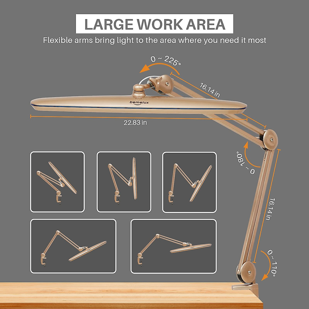 bemelux Task Lamp with Clamp, Bright 117PCS LEDs, Metal Swing Arm 24W 2200 Lumen Dimmable Led Desk Lamp for Architect Home Office Study Reading Dorm Workbench Craft, 23 Inch Lamp Head Work Lamp