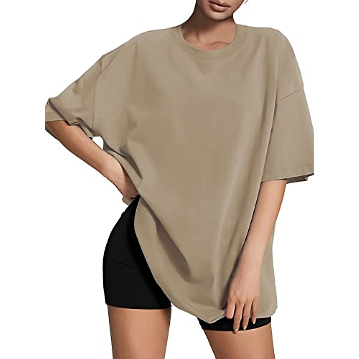 ATHMILE Womens Oversized T Shirts Loose Fit Crewneck Short Sleeve Tops Summer Casual Blouse 2023 Y2K Basic Tee Khaki