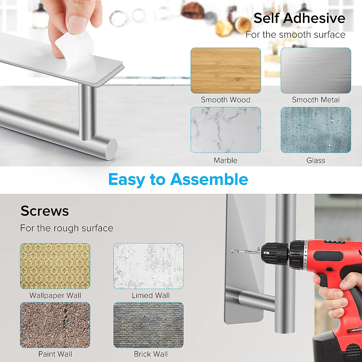 𝟐𝐧𝐝 𝐆𝐞𝐧 [More Studry] Paper Towel Holder Under Cabinet Wall Mounted, UREZORGEAR Self Adhesive or Drilling Paper Towel Holder for Kitchen RV, SUS304 Stainless Steel Paper Towel Roll Rack (Silver)