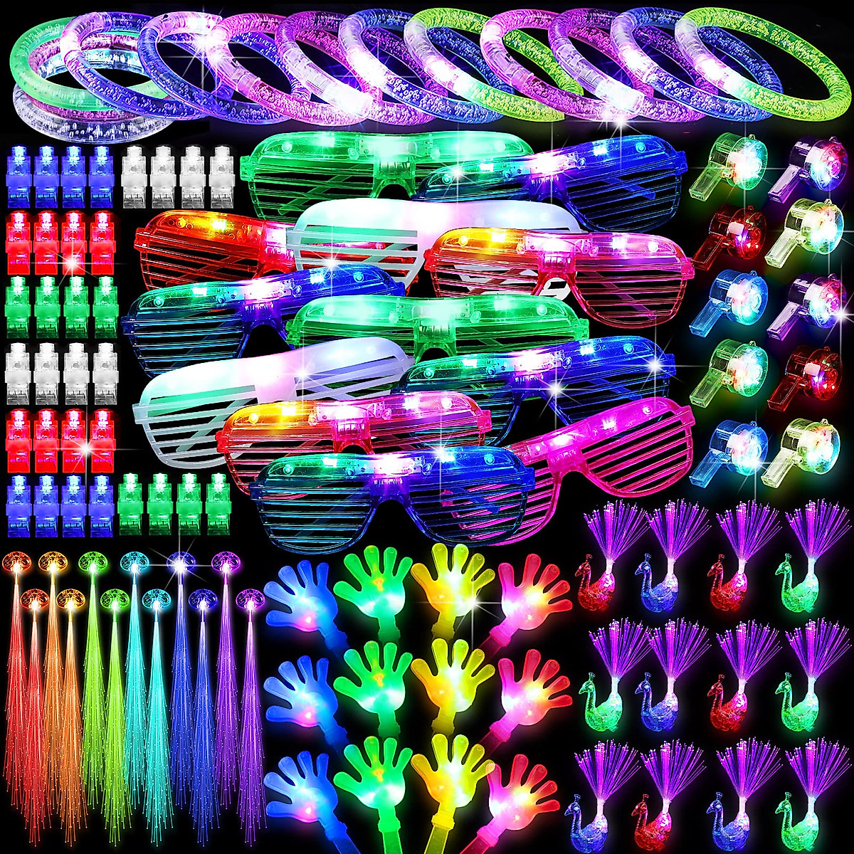 122 PCS Glow In The Dark Party Supplies Light Up Toy Party Favors with 12 Flashing Glasses LED Bracelets Flashing Hair Neon Peacock Finger Light LED Whistle Glow Hand Clappers and 50 Finger Lights
