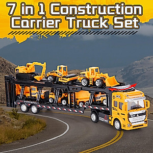 Crelloci 7 in 1 Construction Truck Toys, Die-cast Pull Back Transport Car Carrier, Detachable Metal Car Hauler, Tractor Excavator Play Vehicle Set for Kids Boys 3 4 5 Years Old