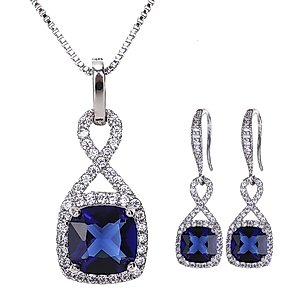 Cubic Zirconia Wedding Jewelry Sets - Women's Vintage Sterling Silver Infinity Square Blue Sapphire Crystal CZ Rhinestone Necklace Earring Set Bridal Jewelry for Bride Bridesmaids Mother of Bride