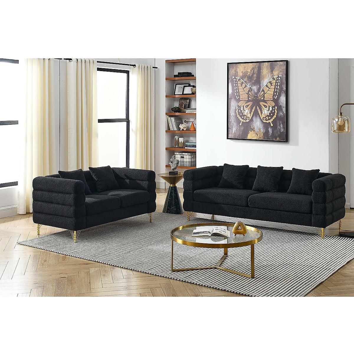 60-inch Couches for Living Room, Modern Teddy Fabric Upholstered Loveseat Sofa Couch with Square Arm and 4 Golden Metal Legs for Living Room, Office, Apartment, Black