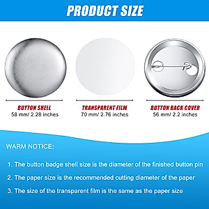 150 Pcs Round Button Parts Blank Button Making Supplies Metal Button Badge Sets for Button Maker Machine, Include Metal Shells Metal Back Cover Clear Film Components (Silver, 58 mm/ 2.28 Inch)