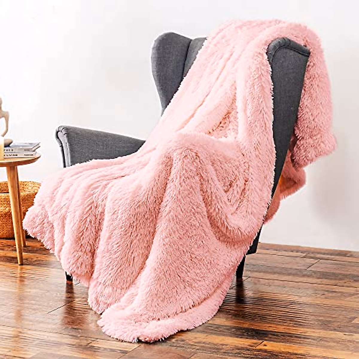 Pawque Luxury Faux Fur Throw Blanket Super Soft Oversized Throw Blankets, 90x90 inches, Decorative Blankets for Sofa Couch Bed Chair Photo Props, Breathable & Washable, Bright Pink