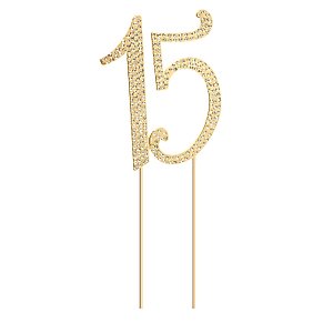 Honbay 15 Birthday Cake Topper Sparkly Bling Alloy Crystal Rhinestones Cake Topper Cake Decoration for 15th Birthday or Anniversary Party (Gold)