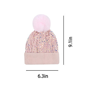 Caviotess Women Sparkly Sequins Knitted Beanie Hat Warm Winter Skull Cap with Faux Fur Pom Pom Light Pink