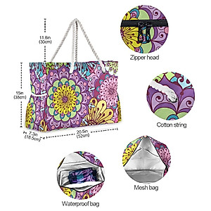 WSSBK Fashion Nylon Beach Shoulder Bag Women's Creative Rope Shopping Bag Mandala Print Big Summer Tote Handbag (Color : A, Size : 52 * 18.5 * 38cm)