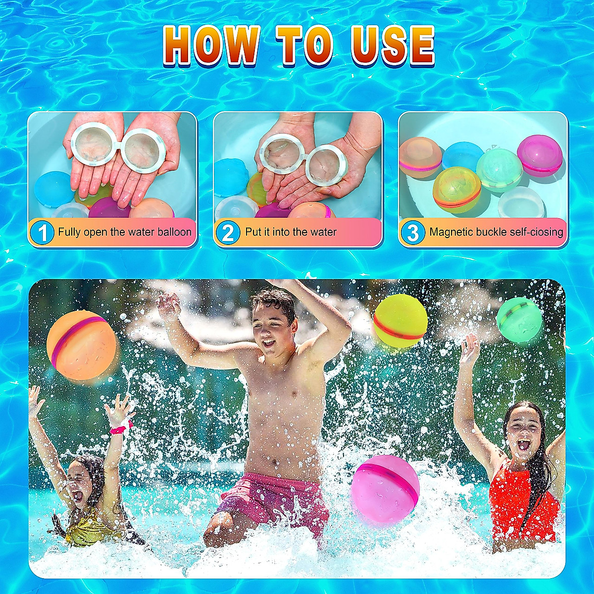 Reusable Magnetic Water Balloons,No Tying Easy Quick Fill, Summer Water Toys, Pool Toys,Refillable Water Balloons, Summer Fun Party Supplies，Bath Backyard Swimming Pool Party Supplies(12Pack)