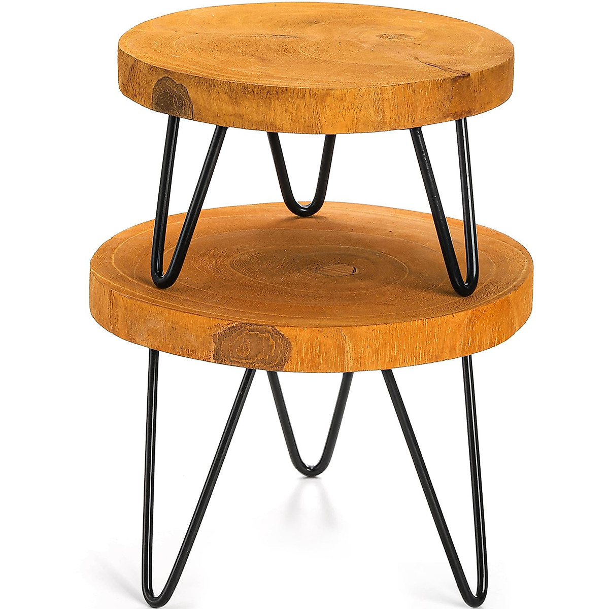 DEAYOU 2 Pack Small Wood Display Stand, 10"/ 8" Round Wooden Cupcake Pedestal, Paulownia Wood Slice Stand with Metal Leg for Plants, Rustic Wedding Cake Holder Slab Tray for Decor, Flower Pots, Table