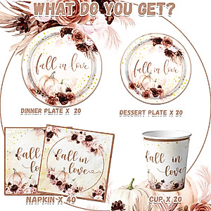 GREHUMOR 80pcs Fall Place Setting, Includes Disposable Tableware with Burgundy Flowers & Pumpkin Design, for Bridal Shower, Engagement, Anniversary, Autumn Themed Events