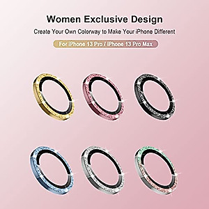 LOVE 3000 Compatible with iPhone 13 Pro/iPhone 13 Pro Max Camera Lens Protector Bling Glitter Diamond HD Tempered Glass Cute Camera Cover Protective Metal Individual Ring for Women Girls - Pink Glitter