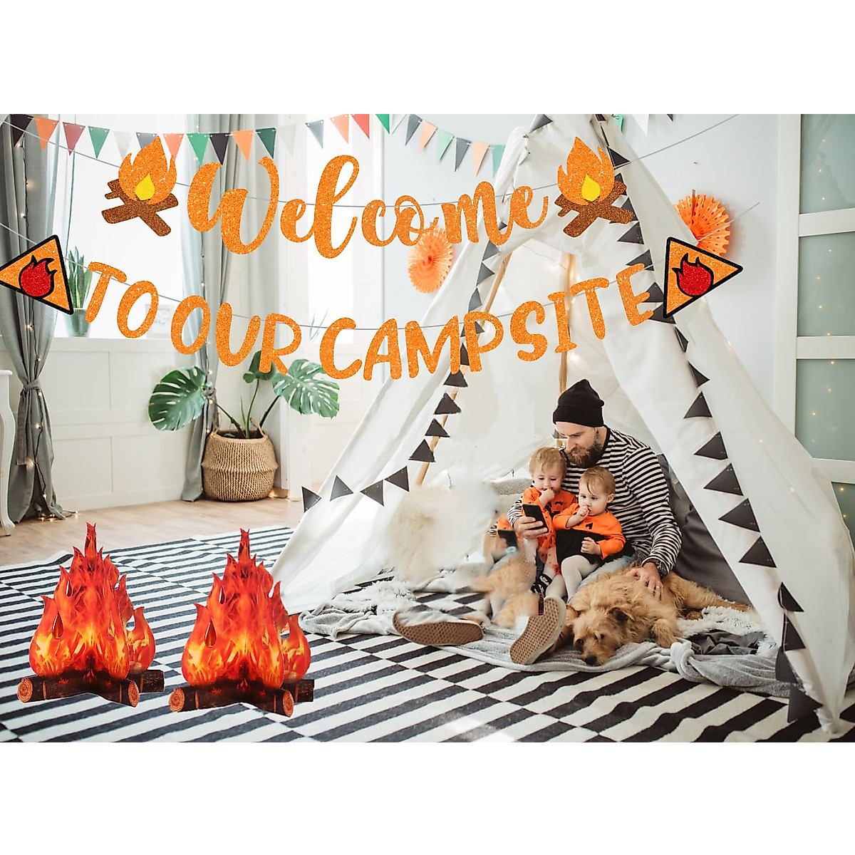 Camping Themed Party Decorations,Pre-strung Glitter Welocme to Our Campsite Banner with 3D Campfire,Camping Decor Camp Out Bachelorette Party Decorations Supplies