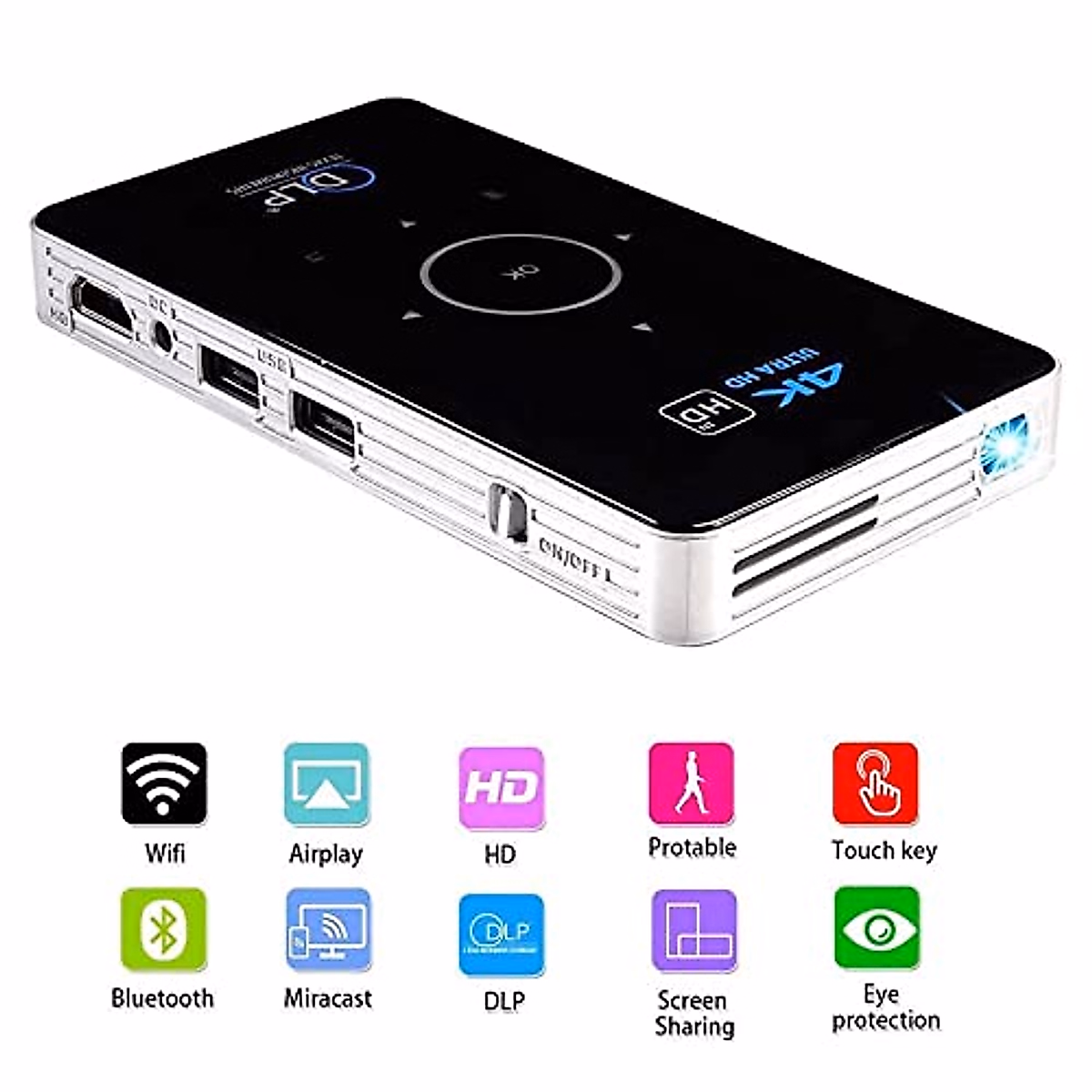 Android Smart DLP Mini Projector,4K LED 1080P WiFi Bluetooth Pocket Projector HD Home Theater Movie Family Cinema, Support WiFi/HDMI/Bluetooth/USB/TF Card/Audio Cable incluidng Tripod Stand