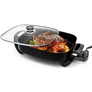Caynel Professional Non-stick Copper Electric Skillet Jumbo, Deep Dish with Tempered Glass Vented Lid, Upgrade Thermostat, 16”x 12”x 3.15”- 8 quart (16 * 12 Black)
