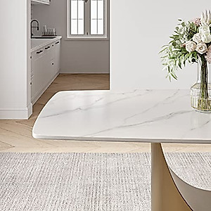 POVISON Modern Dining Table, 63 Inch White Dining Room Table for 6, Sintered Stone Table Top, Rectangular Pedestal Dining Table with Gold Carbon Steel Base for Kitchen & Dining