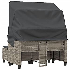 vidaXL Gray Poly Rattan Patio Loveseat with Retractable Canopy and Matching Stools - Outdoor 2-Seater Sofa - Weather-Resistant Garden Furniture