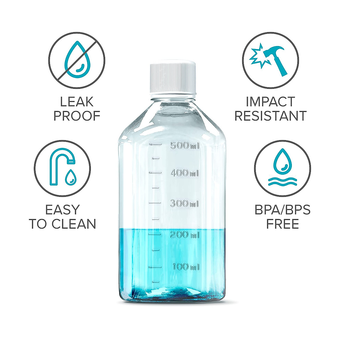 Black Magic 3D 500 ml Plastic Reagent Bottle 4-Pack Laboratory Chemical Storage. Clear Graduated Square PET Plastic Leakproof Bottles.