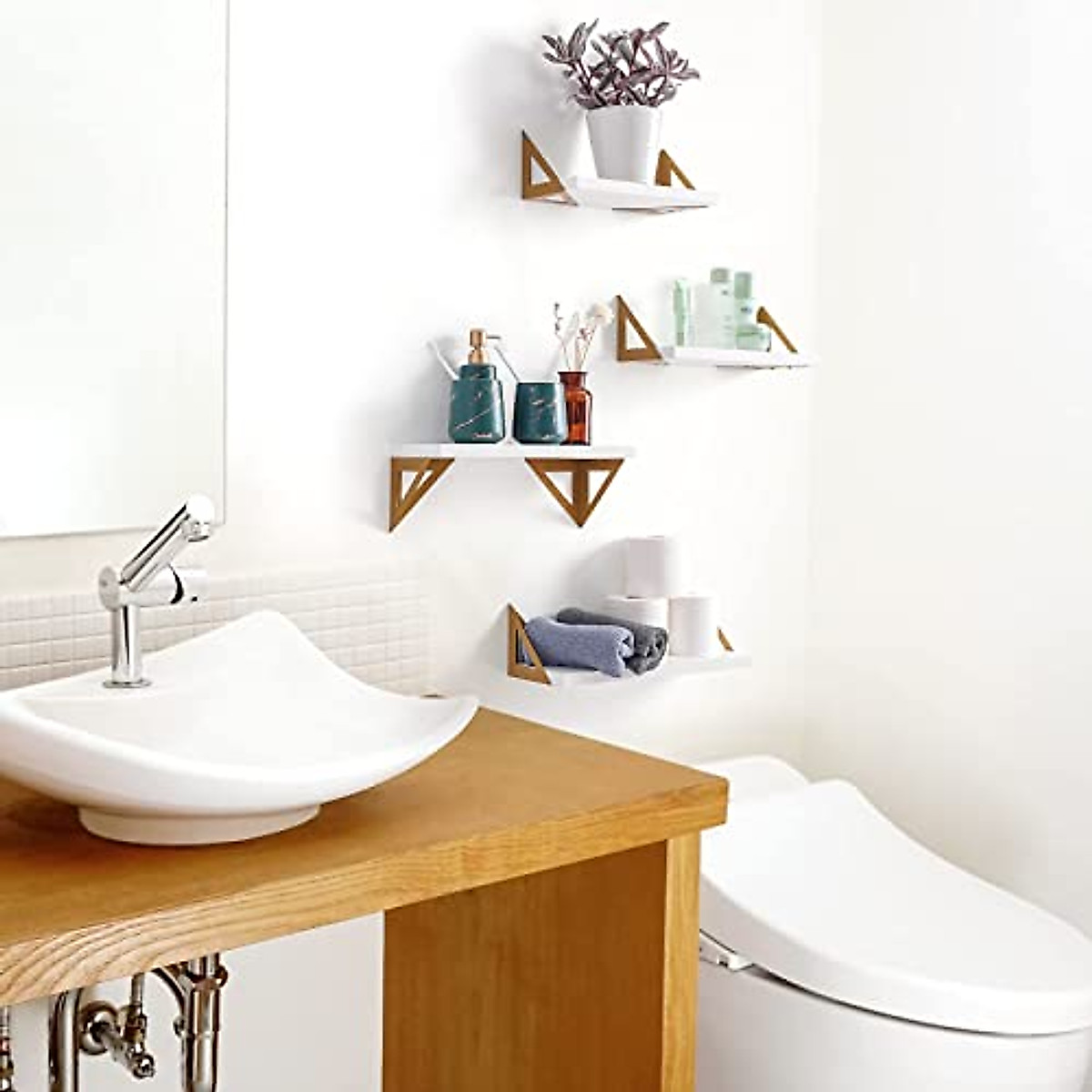 Titanape White Floating Shelves for Bedroom Living Room Decor Aesthetic, Solid Wood Wall Mounted Shelves with Gold Brackets for Bathroom Kitchen Storage Bookshelf for Wall Office Decor