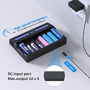 XTAR VC8 Plus Fast LCD Display Rechargeable Battery Charger with DC36W Adapter max 3A 1 Slots/8 Slots 1A Fast Charge 10400 14500 18650 20700 21700 26650 or 1.2V Ni-MH Ni-Cd AA AAA