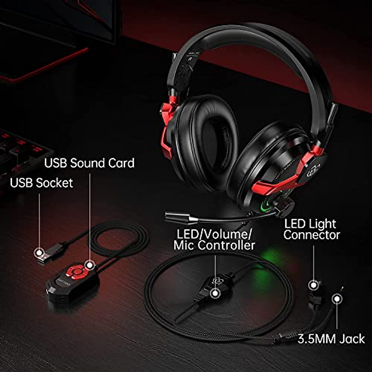 Tatybo 7.1 Surround Sound Gaming Headset for PC PS4 PS5 Switch, USB & 3.5mm PC Headset with Noise Cancelling Mic