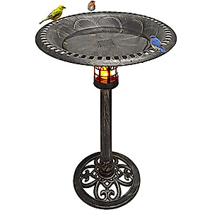 Westcharm 34 Inch Solar Powered LED Lighted Birdbath for Outdoors Yard Outside Outdoor Garden Decoration Pedestal Base Stand - Antique Brushed Bronze Polyresin Solar Bird Bath