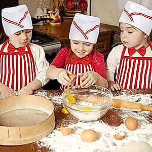 3 Pcs Kid Waiter Costume Kit Car Costume Red and White Striped Apron for Kids Adjustable Bib Aprons with 2 Pockets Soda Jerk Chef Hat Adjustable Red Bow Ties for Kids 1950s Dinner Cosplay Dress Party