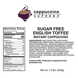 Cappuccino Supreme 1.2 lb bag Sugar Free English Toffee Instant Cappuccino Mix