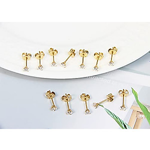 3MM Cubic Zirconia CZ Stud Earrings Gold: 14K Plated 20G Tiny Stud Earrings Set - Cartilage Helix 2-nd 3-rd Hole Small Multiple Piercing Jewelry Hypoallergenic Post Earring, Pack of 6 Pair