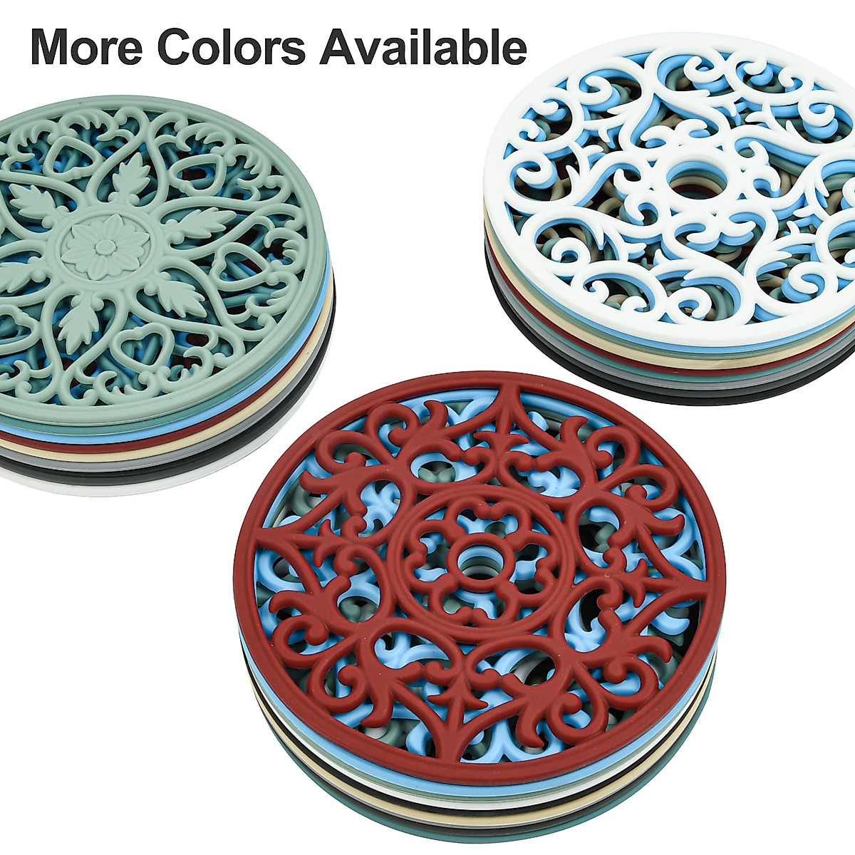Viwehots Silicone Trivets Mats for Hot Pots and Pans, Multi-Use Intricately Carved Hot Pads and Mats, Flexible Modern Kitchen Table Mat, Heat Resistant Round Big Coaster Set of 3 Mixing Color