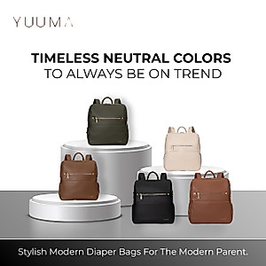 YUUMA Collection Original Diaper Backpack - Vegan Leather Diaper Bag - Gold Zipper - Multiple Pockets - Easy Clean Nylon Interior - Many Colors - Modern Diaper Bag (Olive)