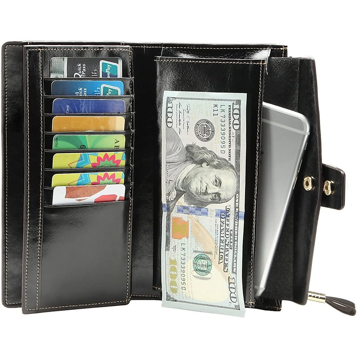 Itslife Womens Wallet RFID Blocking Large Capacity Luxury Wax Genuine Leather Wallets Clutch Wallet Ladies Card holder, Black