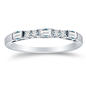 Size 6.5 - Solid 14K White Gold Round Brilliant Cut & Baguette CZ Cubic Zirconia Ladies Womens Wedding Band or Anniversary Ring 1/2 cttw.