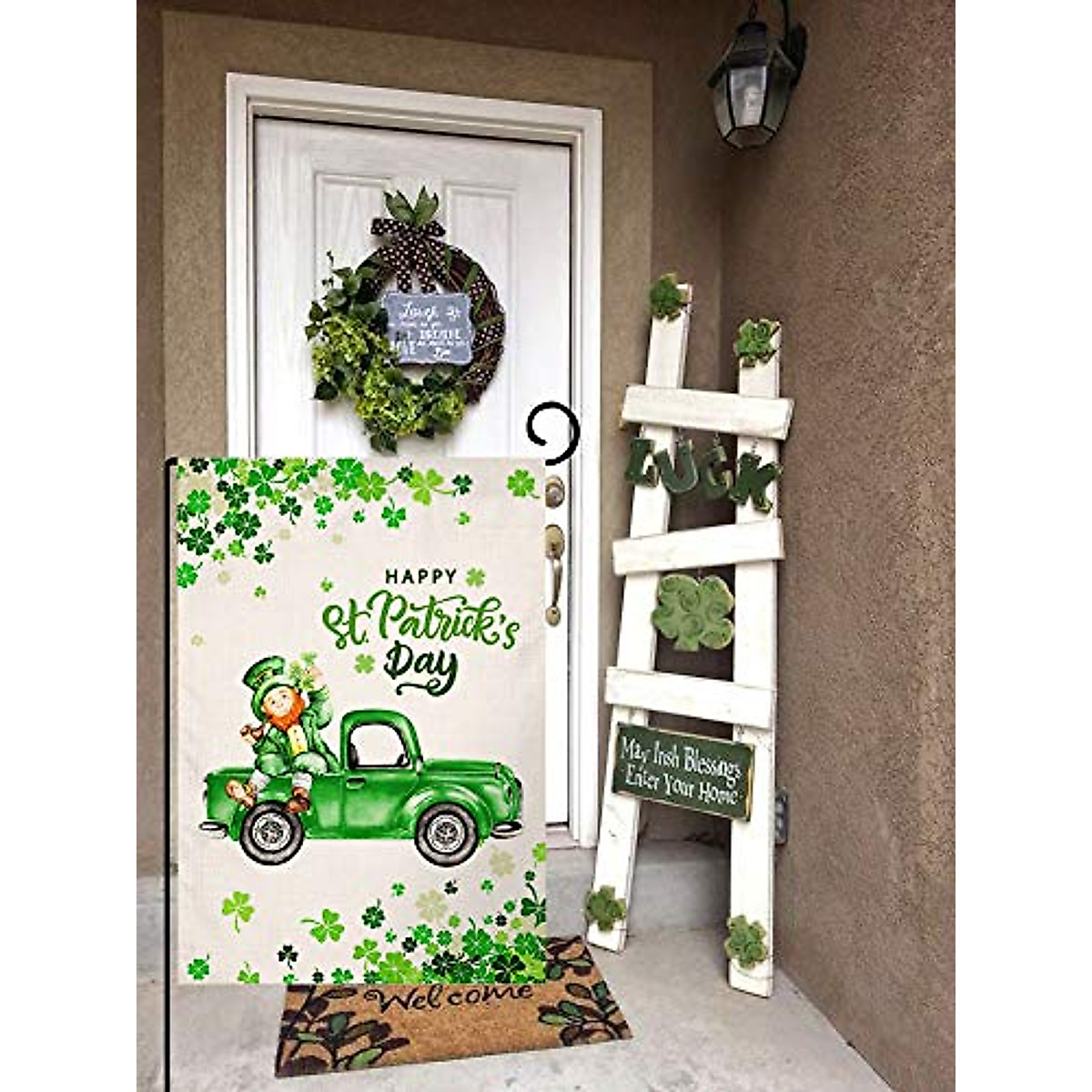 St. Patrick's Day Shamrock Truck Garden Flag Vertical Double Sided Spring Green Farmhouse Burlap Yard Outdoor Decor 12.5 x 18 Inches