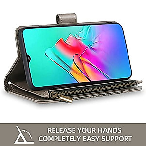 Asuwish Phone Case for Infinix Smart 5/Hot 10 Lite Wallet Cover with Tempered Glass Screen Protector and Flower Leather Flip Credit Card Holder Stand Folio Purse Cell Accessories X657B Women Men Grey