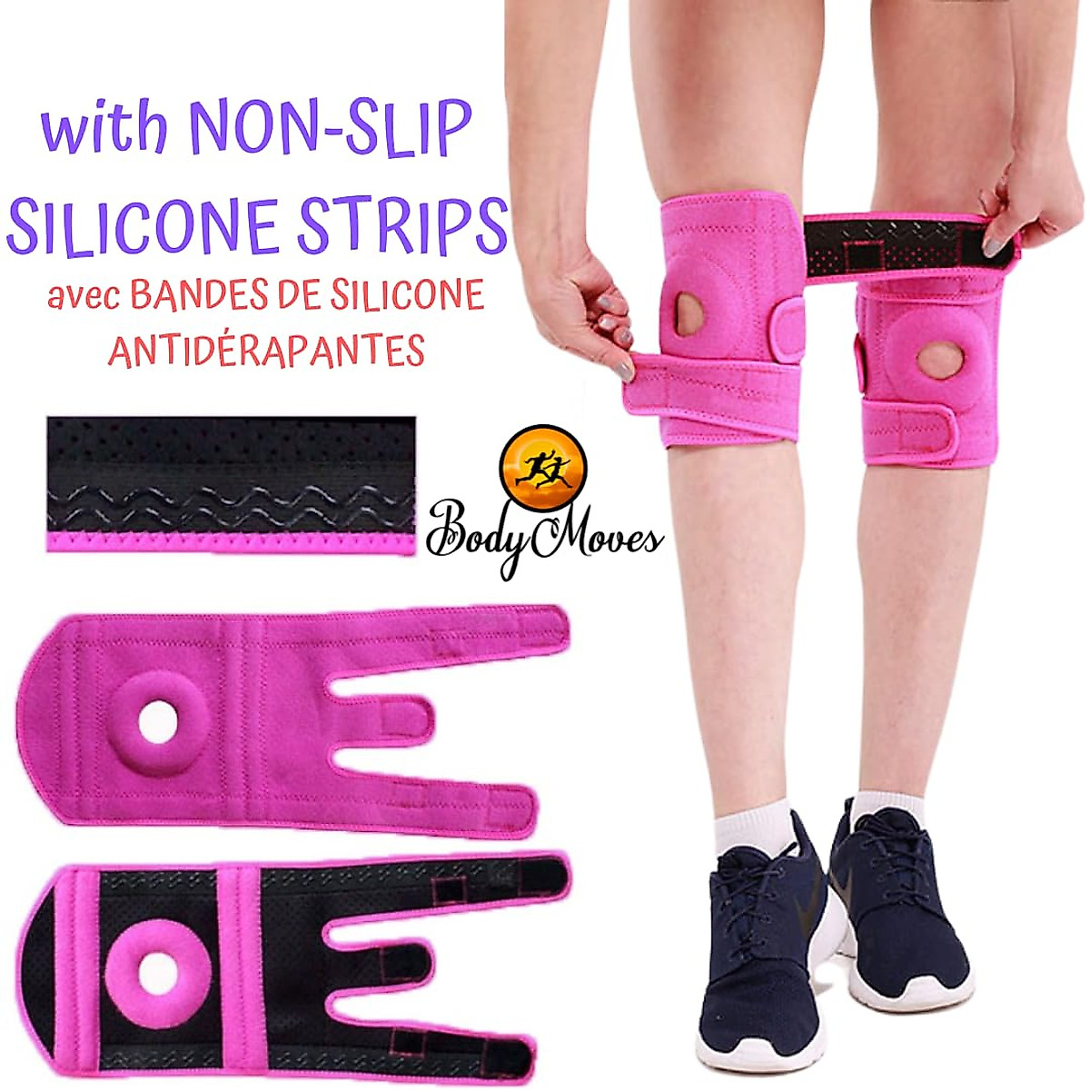 BodyMoves Kid's Knee Brace Support Plus Hot and Cold Ice gel Pack for stabilizing patella meniscus tear ligament injury prevention (SPORTY BLACK)