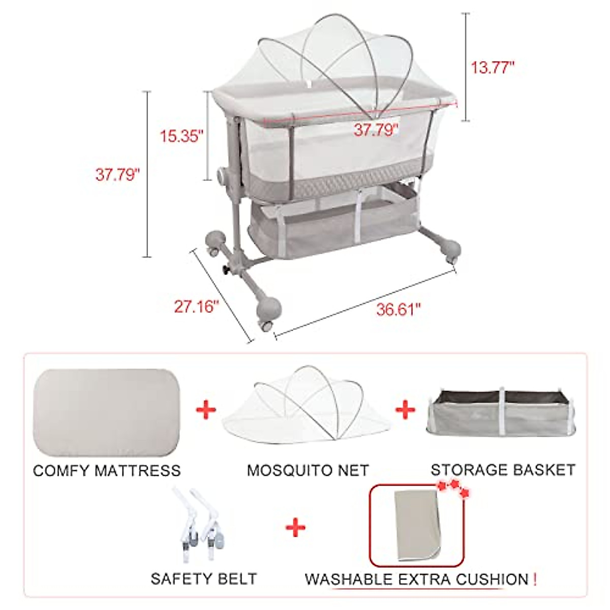 HAHASOLE Bedside Sleeper for Baby, Portable Bassinets for Safe Co-Sleeping, Easy Assemble Baby Crib with Storage Basket & Mosquito, Adjustable Bedside Bassinet for Newborn