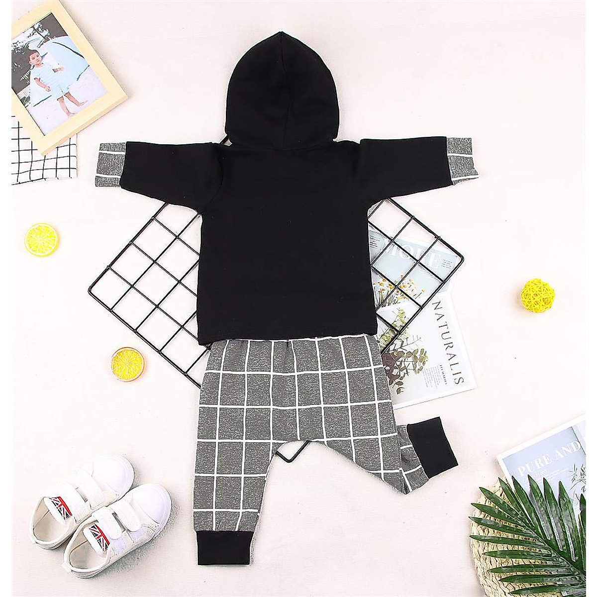 CM C&M WODRO Toddler Infant Baby Boy Fall Clothes Newborn Boy Outfits Plaid Long Sleeve Hoodie Sweatshirt Tops Winter Long Pants Sets (Black+Plaid, 3-4T)