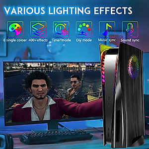 SIKEMAY PS5 Accessories PS5 Plates with RGB LED Light Strip, Console Cover Face Plates Side Shell with Cooling Vents, PS5 Lights 8 Color 400+Effects Kit, Custom Dust Skin - Plating Black