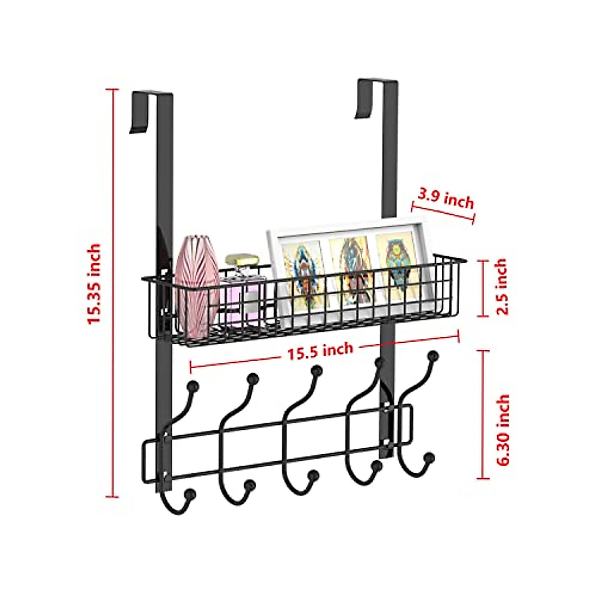 MILIJIA Coat Rack, Over The Door Hanger with Mesh Basket, Detachable Storage Shelf for Towels, Hats, Handbags, Coats (Black)