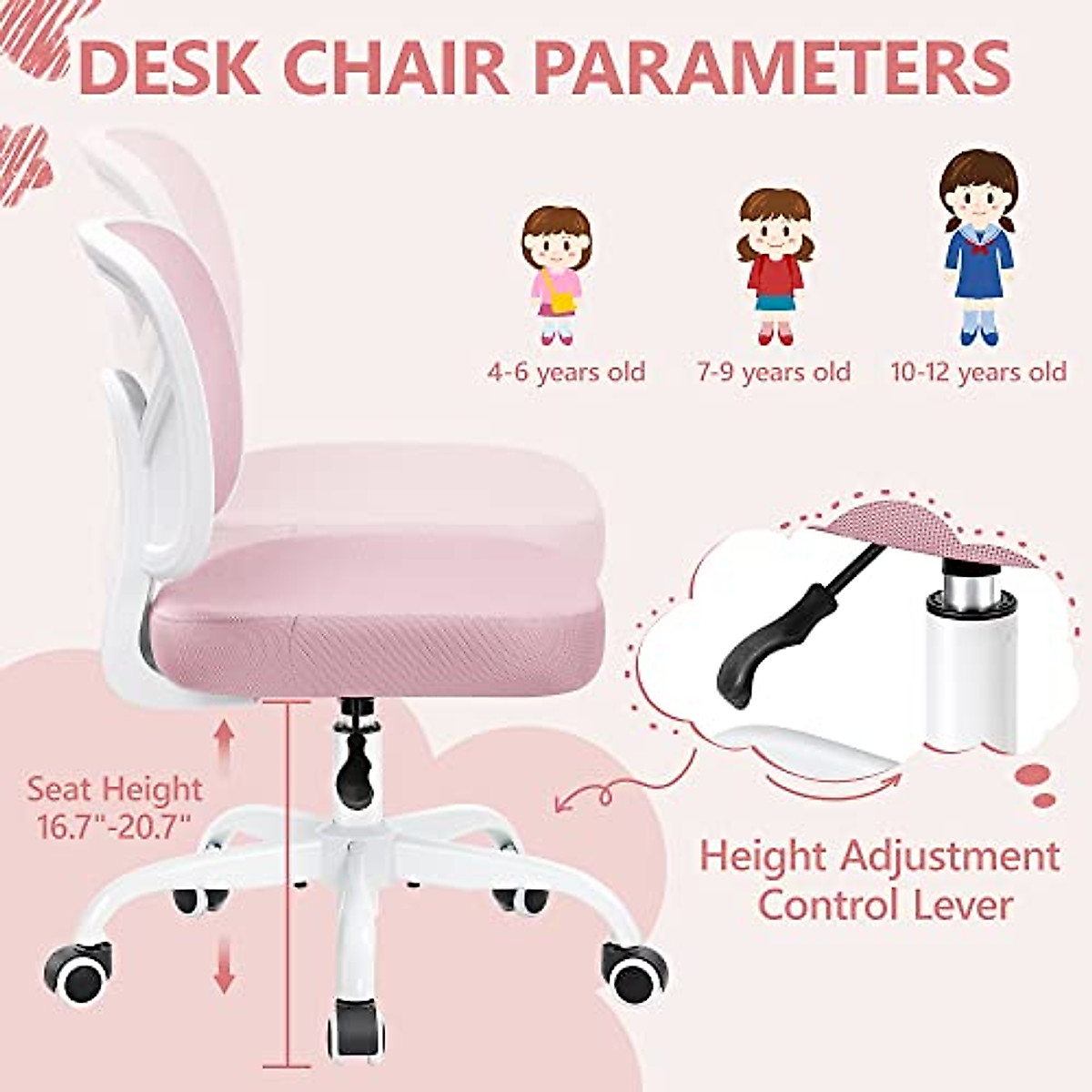Primy Kids Desk Chair, Pink Study Chair for Boys Girls with Height Adjustable, Swivel Mesh Task Student Chairs for 4-12, Growing Teen Office Chair for Home/School/Office (Pink)