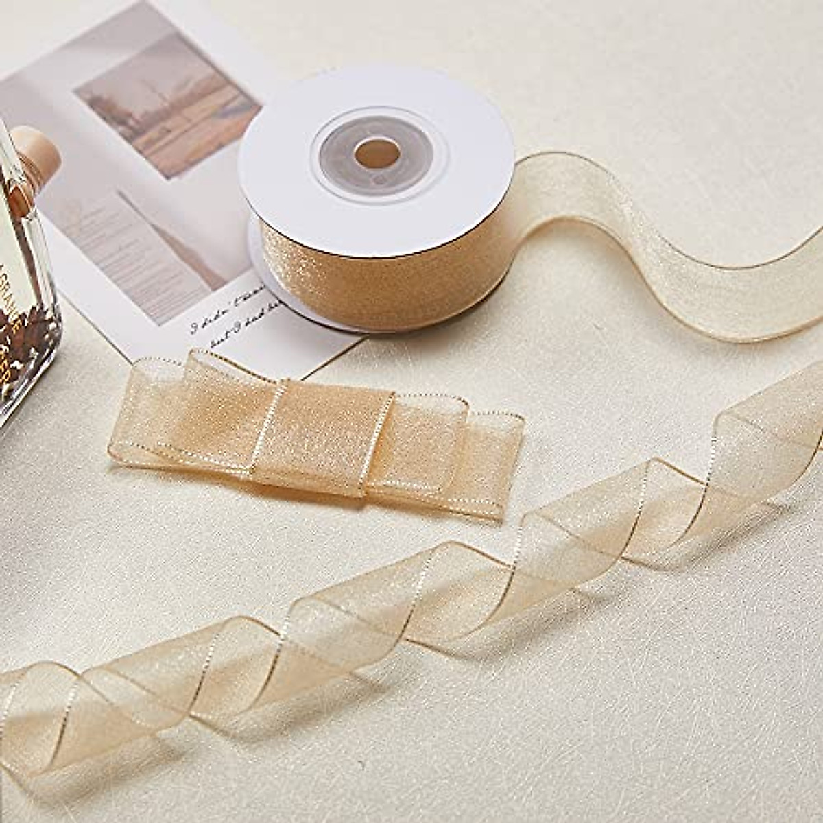 JingleStar Decorative Accessories 1 Inch Sheer Chiffon Ribbon Perfect for Crafts Hair Bows Gift Wrapping Wedding Party Decoration and More (Gold)