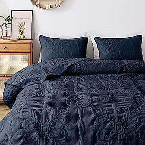 Boho Quilt California Cal King Size Bedding Sets with Pillow Shams, Damask Oversized Lightweight Soft Bedspread Coverlet, Navy Blue Quilted Blanket Thin Comforter Bed Cover, 3 Pieces, 118x106 inches