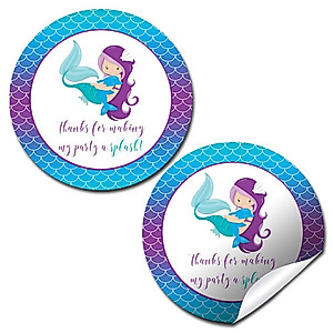 Mermaid Thank You Birthday Party Sticker Labels, 40 2" Party Circle Stickers by AmandaCreation, Great for Party Favors, Envelope Seals & Goodie Bags, Mermaid with Light Complexion