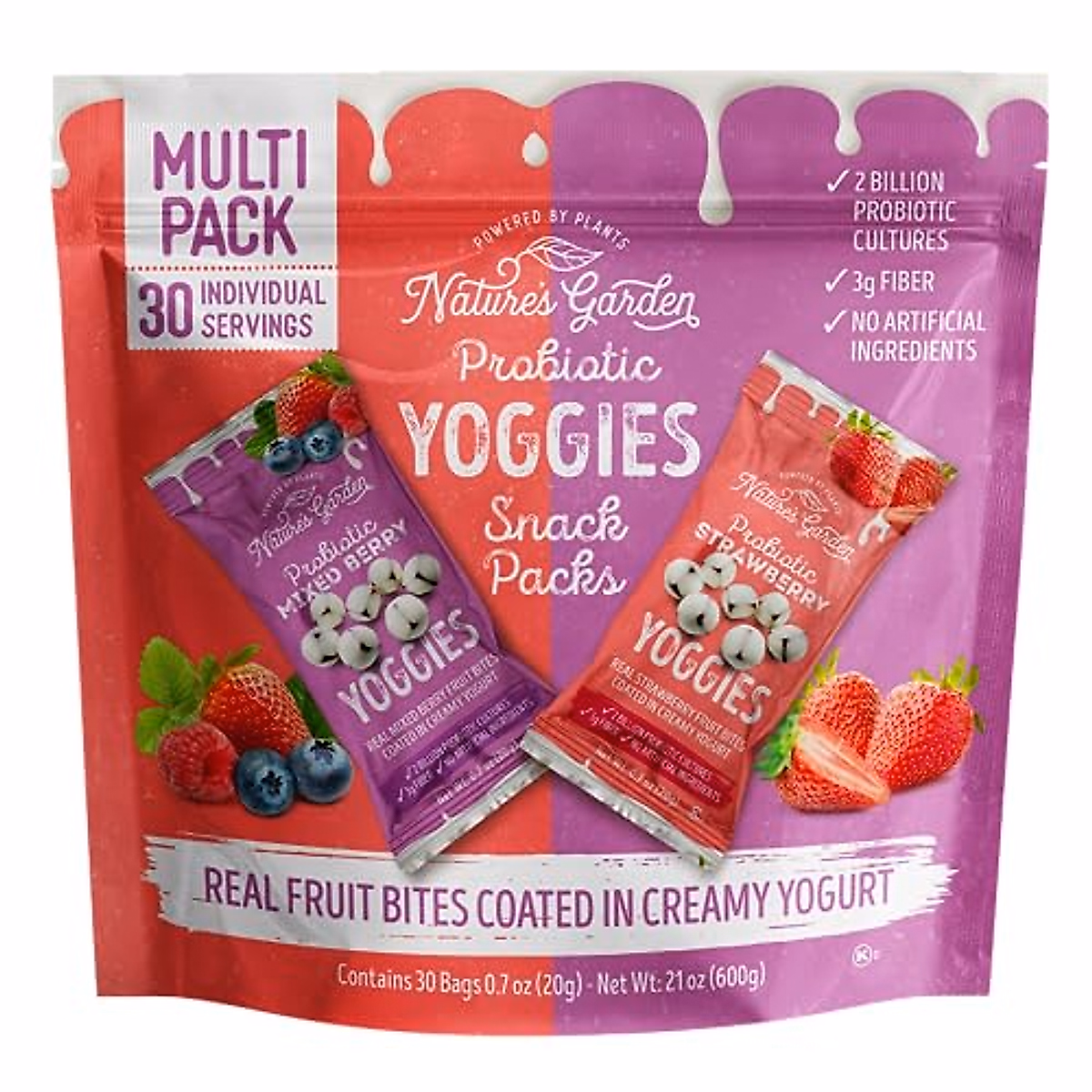 Nature's Garden Probiotic Yoggies Multi Pack, 21oz (Strawberry Yoggies 15x0.7 oz +Mixed Berry Yoggies 15x0.7 oz), Strawberry and Mixed Berry Yogurt Covered Snack, High Fiber, Real Fruit Pieces, No Artificial Ingredients, Healthy Snack for Adults